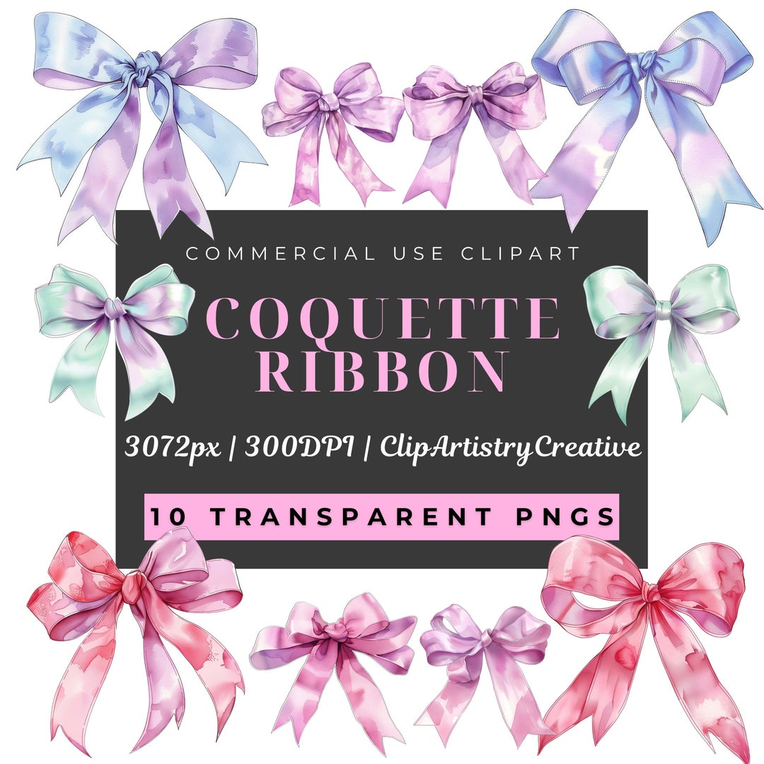 Coquette Ribbon Bow Clipart Bundle PNG Transparent Background Instant ...