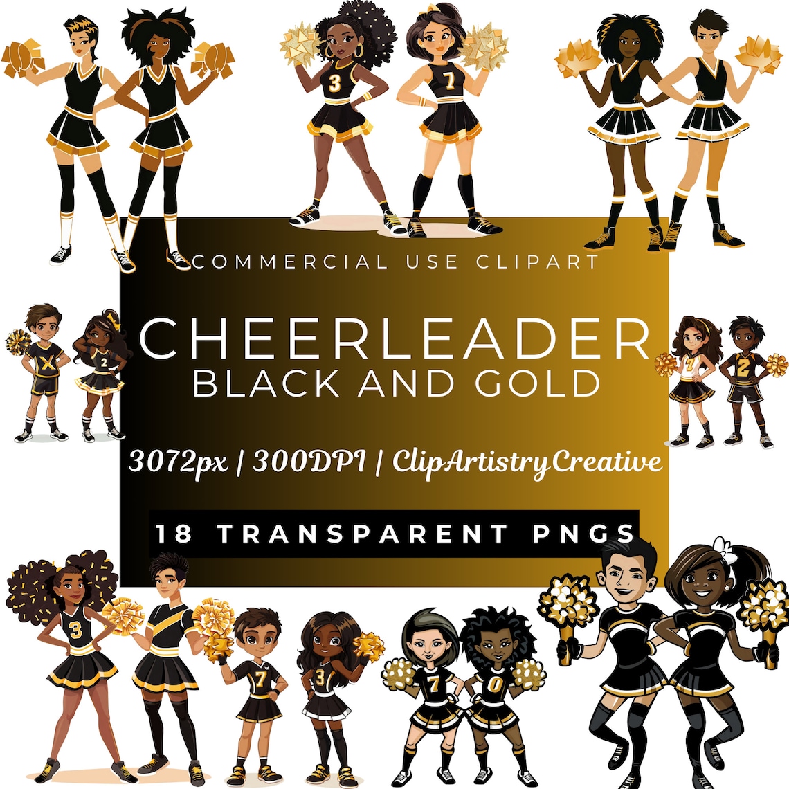 Cheerleader Black and Gold Clipart Bundle PNG Transparent Background ...