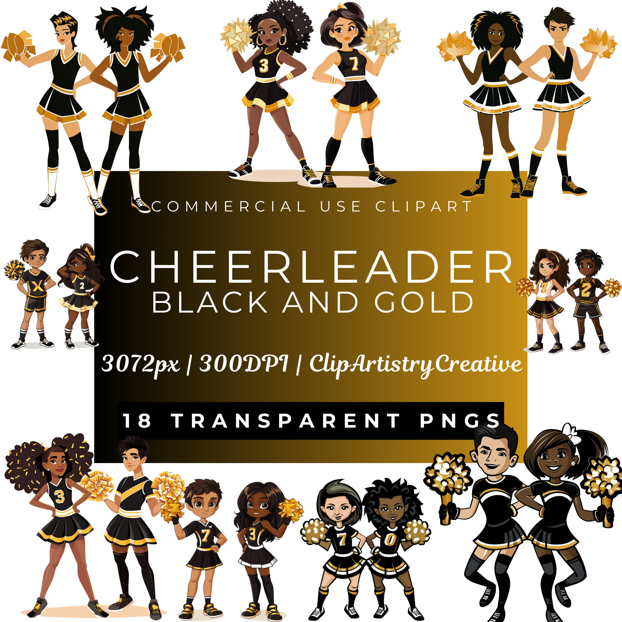 Cheerleader Black and Gold Clipart Bundle PNG Transparent Background ...