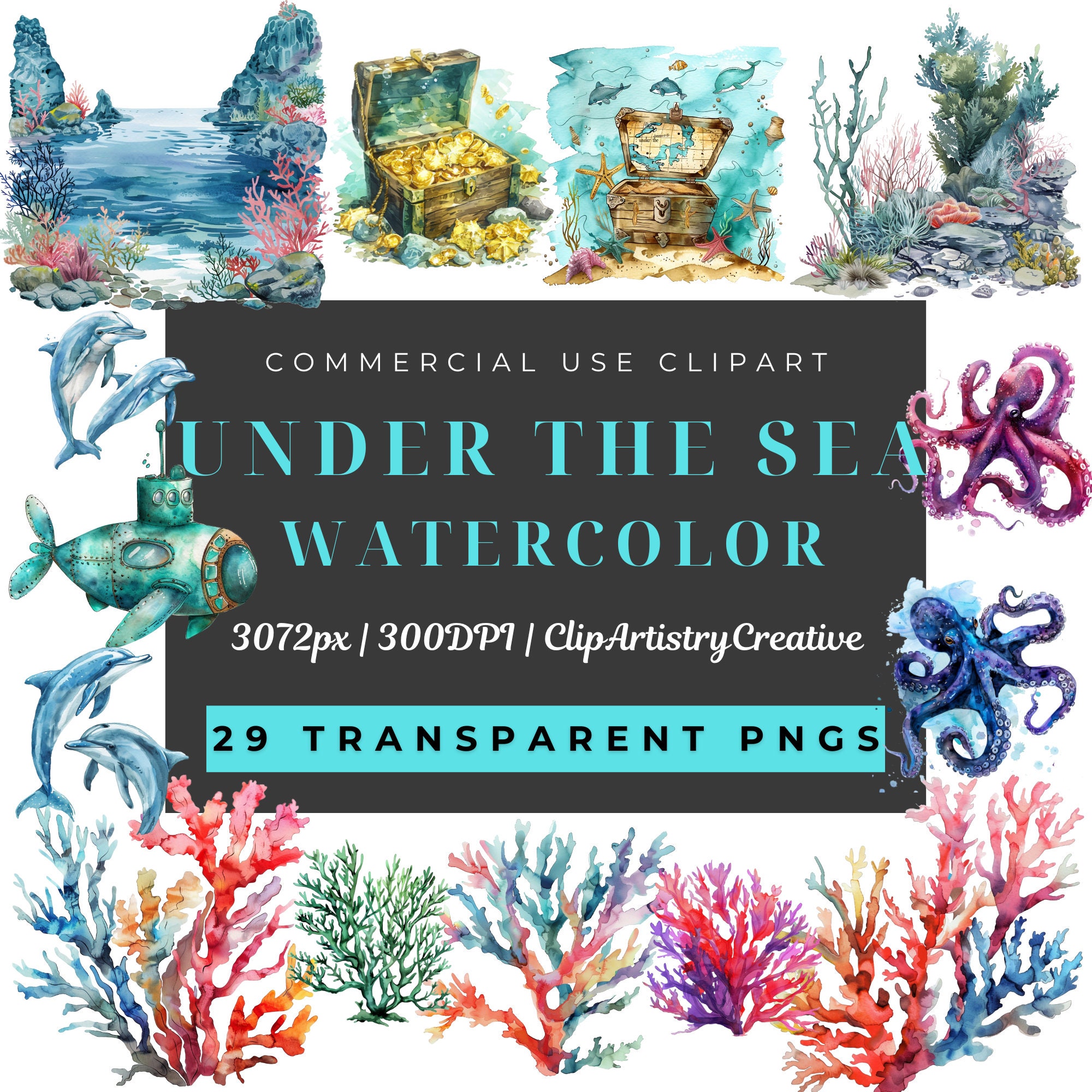 Under the Sea Watercolour Ocean Animals Clipart Bundle PNG Transparent ...