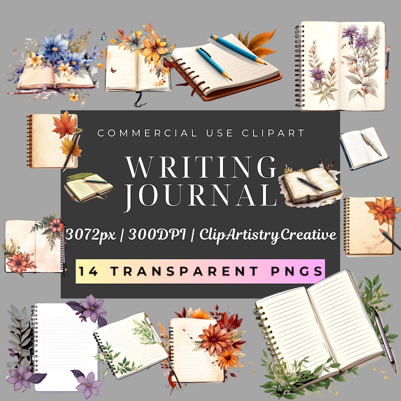 Writing Journal Clipart Bundle PNG Transparent Background Digital ...