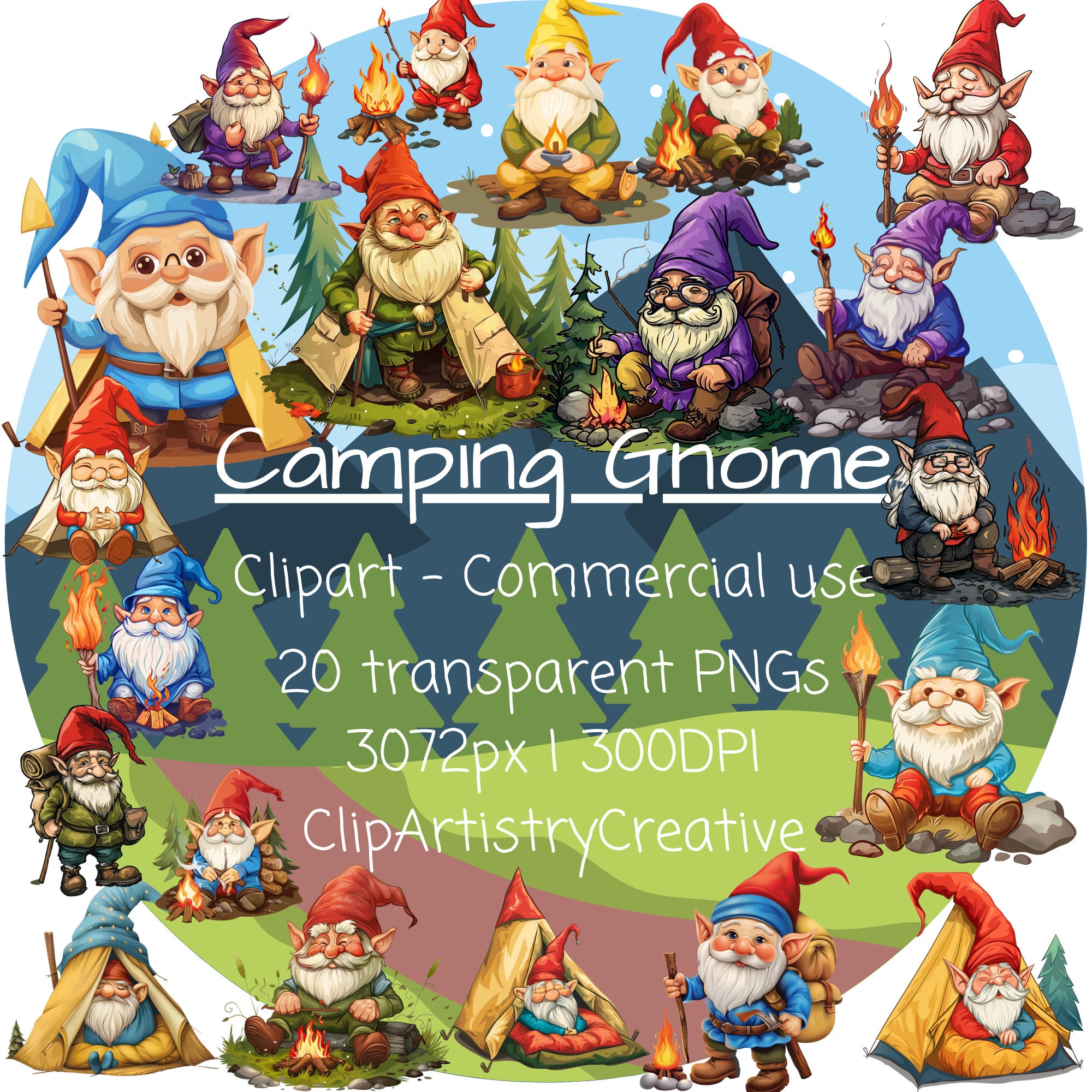 Camping Gnome Clipart Bundle PNG Transparent Background Digital ...