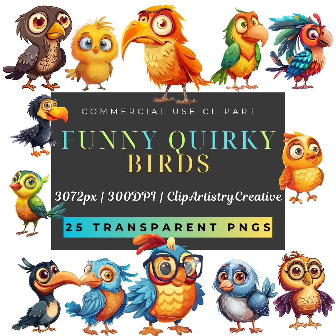 Funny Quirky Birds Animals Clipart PNG Transparent Background Instant ...