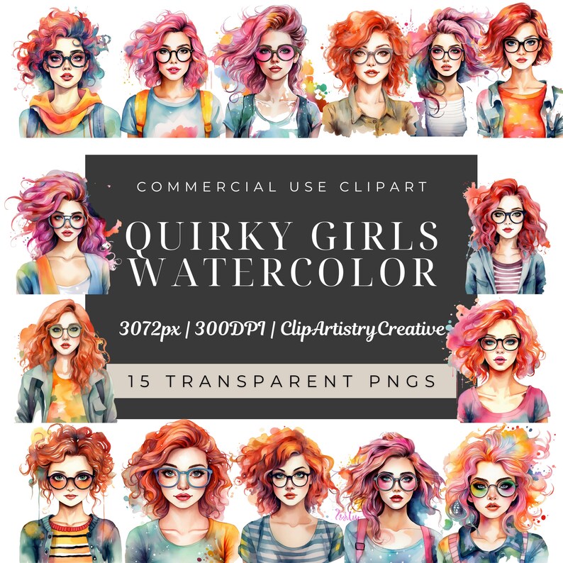 Quirky Girls Watercolor Clipart Bundle PNG Transparent Background, Girl ...