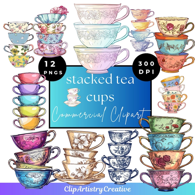 Stacked Tea Cups Clipart PNG Transparent Background Digital Download ...