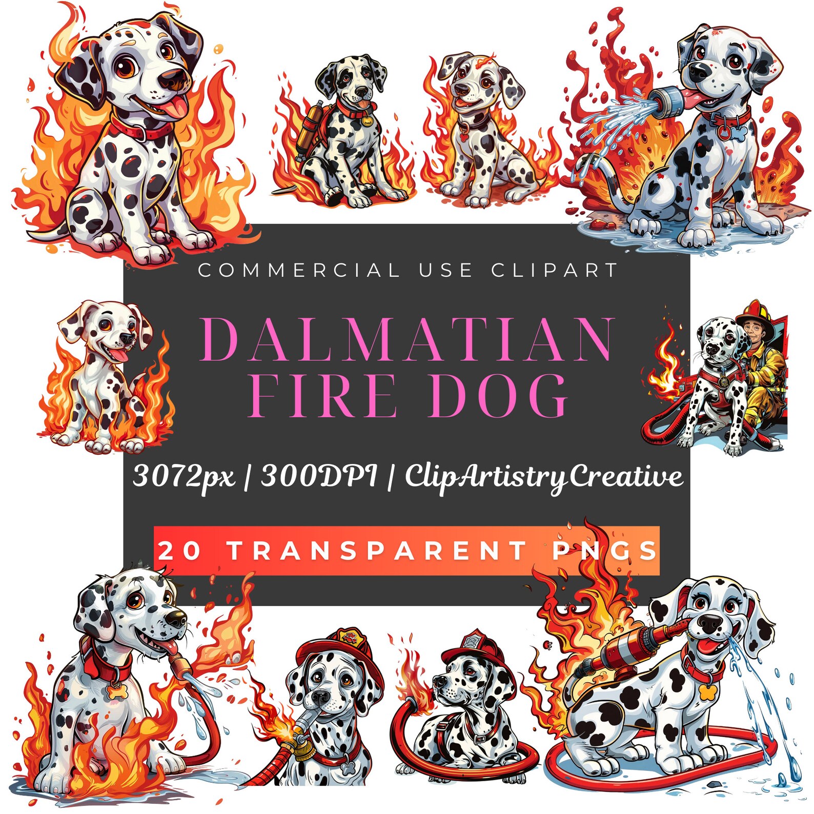 Dalmatian Fire Dog Clipart Bundle PNG Transparent Background Digital ...
