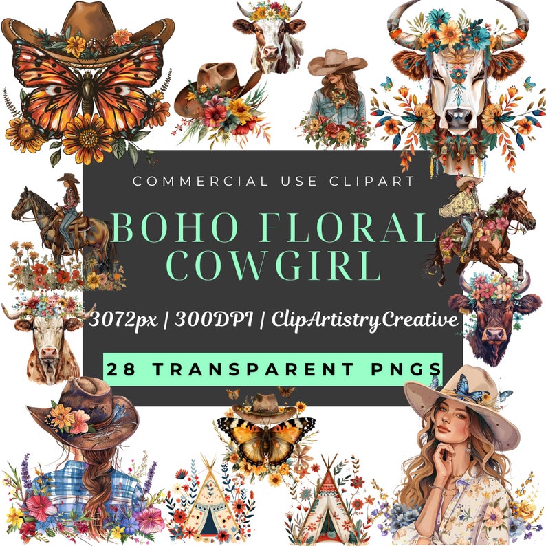Boho Floral Cowgirl Clipart Bundle PNG Transparent Background Digital ...