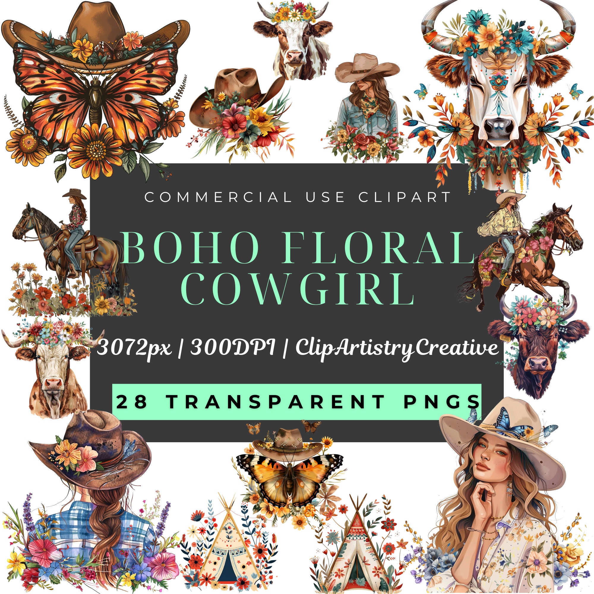 Boho Floral Cowgirl Clipart Bundle PNG Transparent Background Digital ...