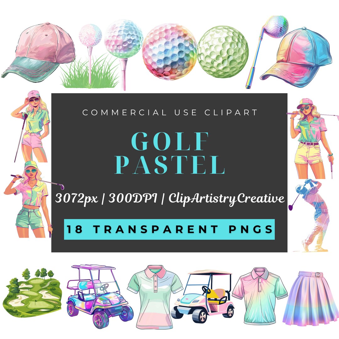 Golf Pastel Clipart Bundle PNG Transparent Background Digital Download ...