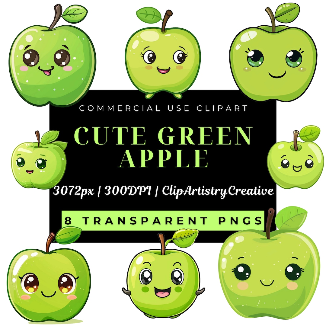 Cute Green Apple Clipart Bundle PNG Transparent Background Digital ...