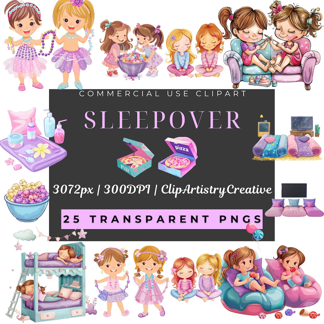 Sleepover Clipart Bundle PNG Transparent Background Instant Digital Download, Girly Sleep Over ...