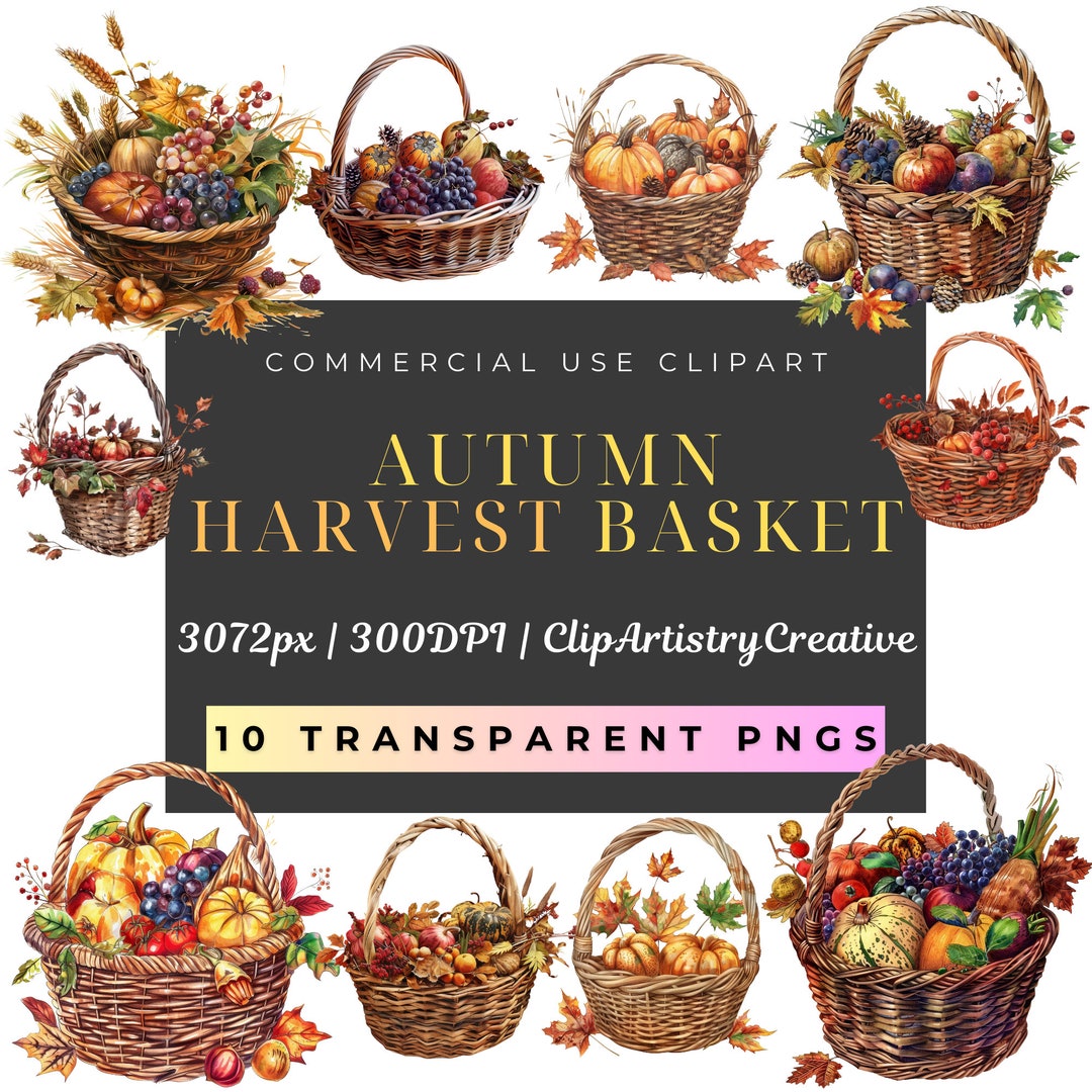 Autumn Harvest Basket Clipart Bundle PNG Transparent Background Instant ...