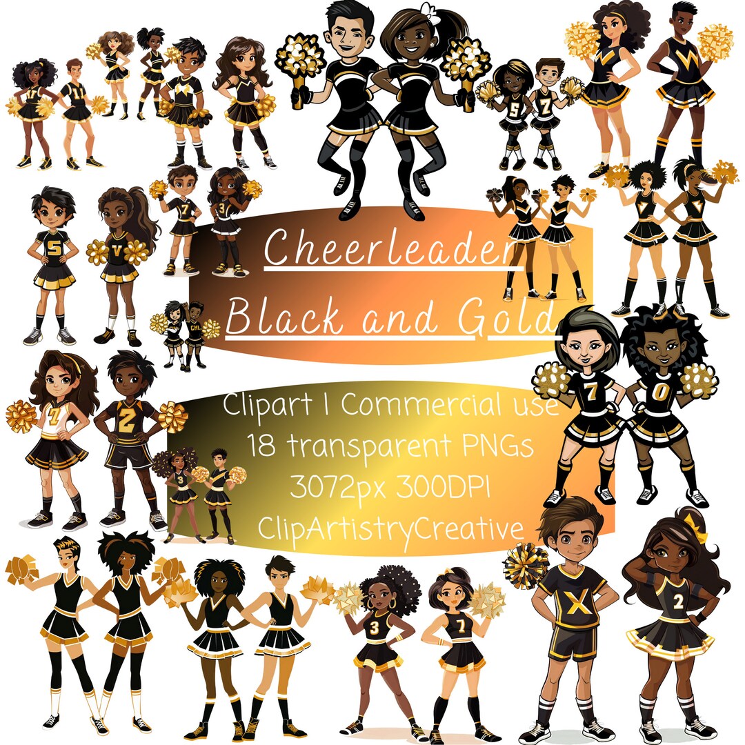 Cheerleader Black and Gold Clipart Bundle PNG Transparent Background ...