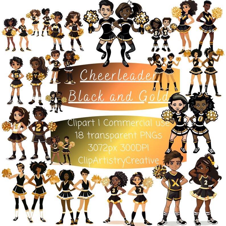 Cheerleader Black and Gold Clipart Bundle PNG Transparent Background ...