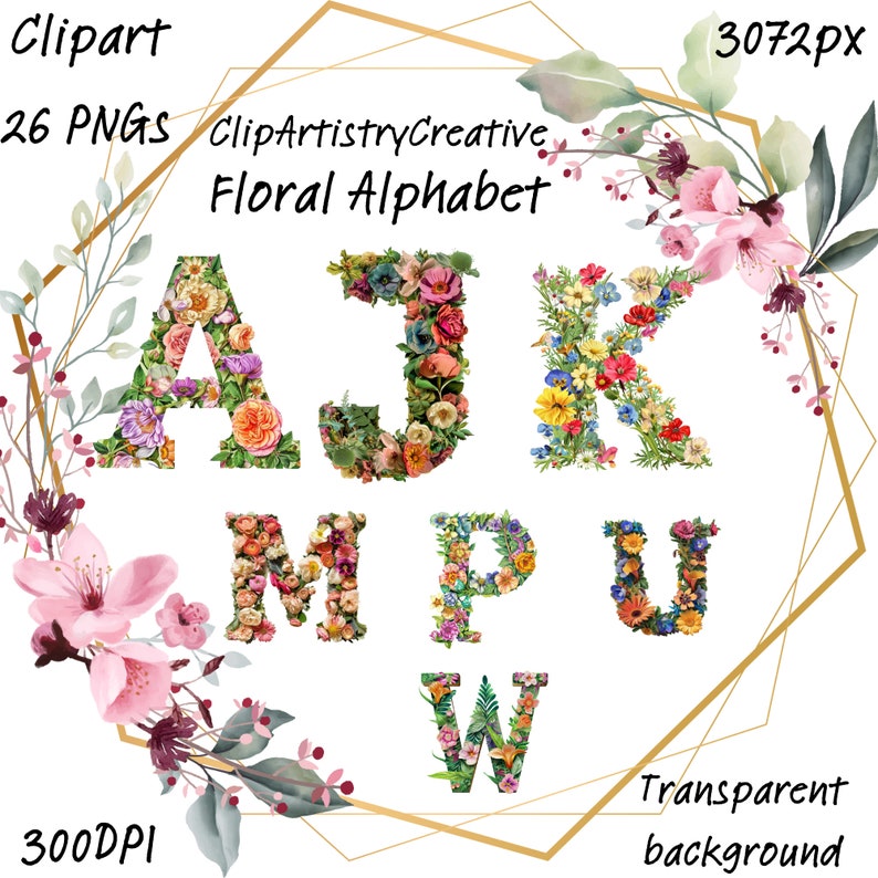 Floral Alphabet 26 PNG Transparent Background Clipart Bundle, Flower ...