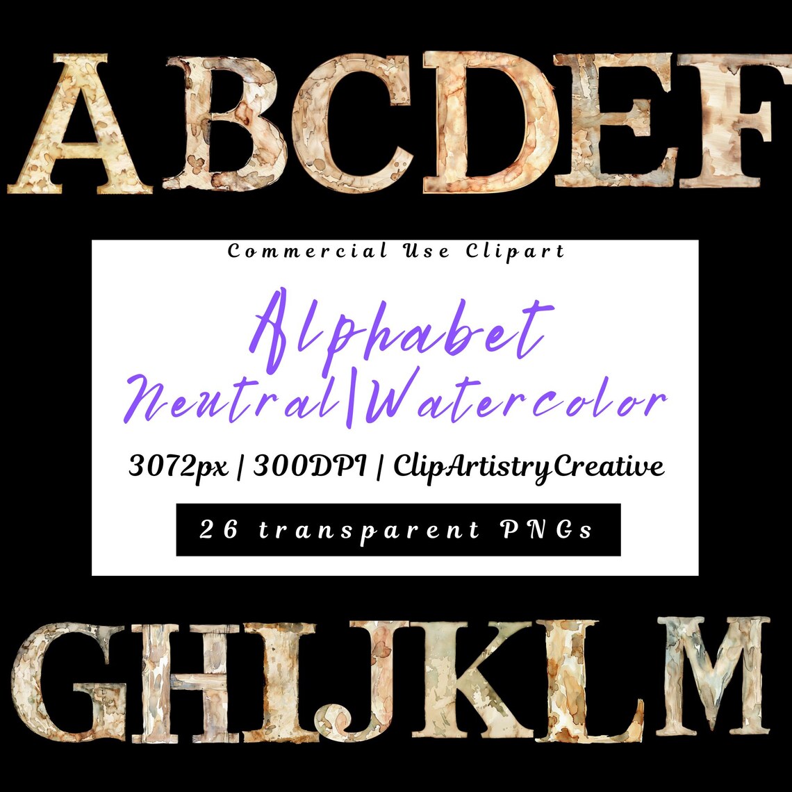 Alphabet Neutral Watercolor PNG Transparent Background Clipart Bundle ...