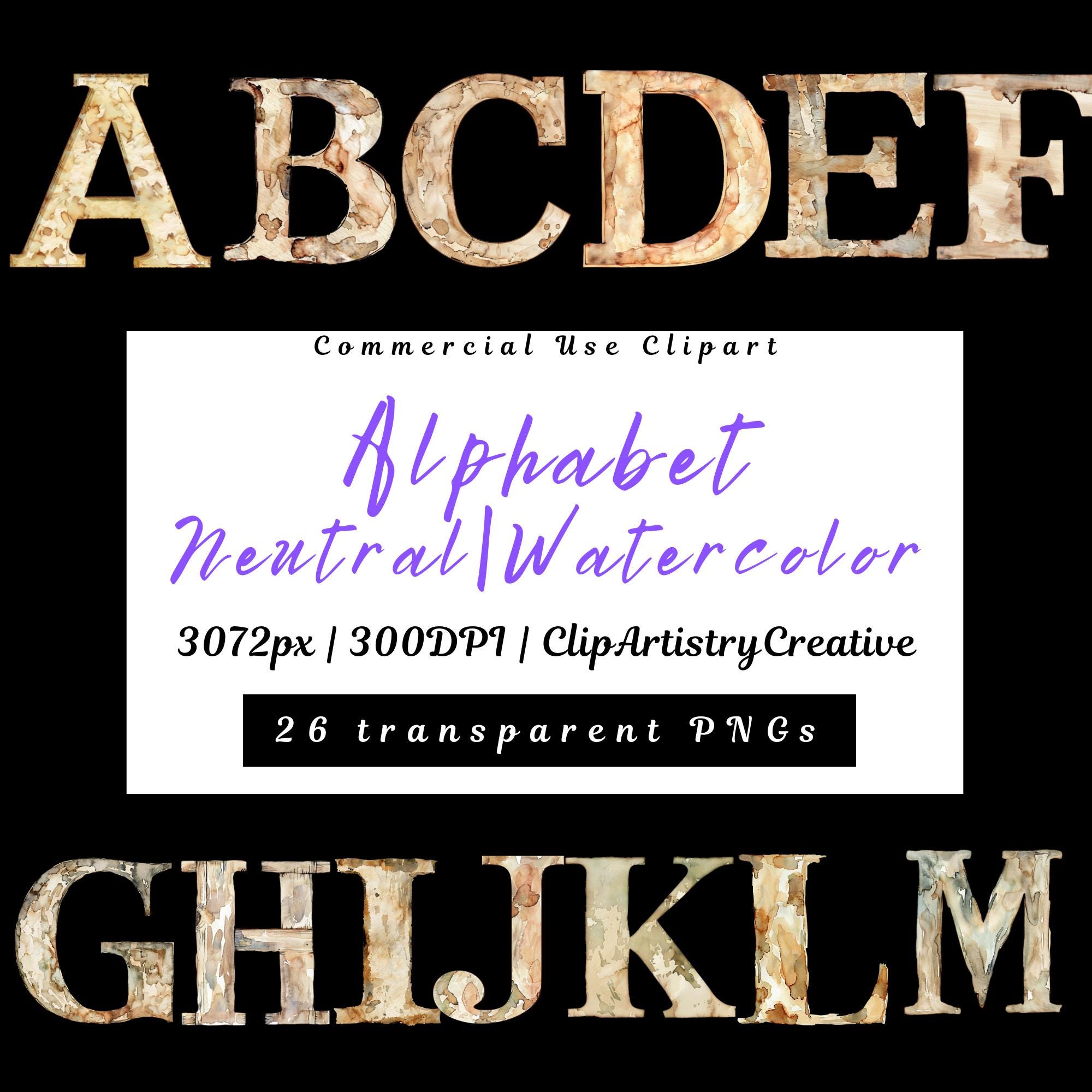 Alphabet Neutral Watercolor PNG Transparent Background Clipart Bundle ...