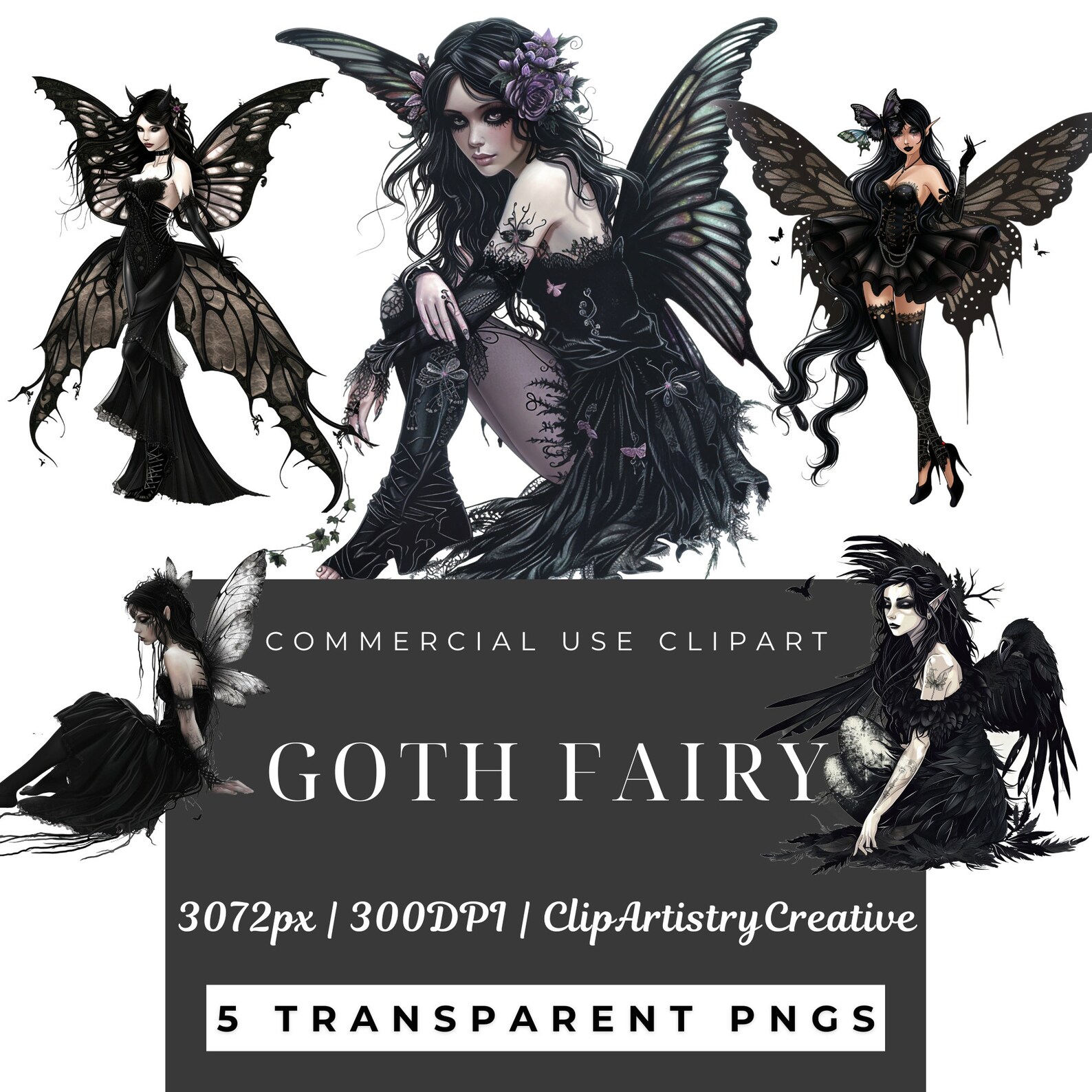 Goth Fairy Clipart Bundle PNG Transparent Background Digital Download ...