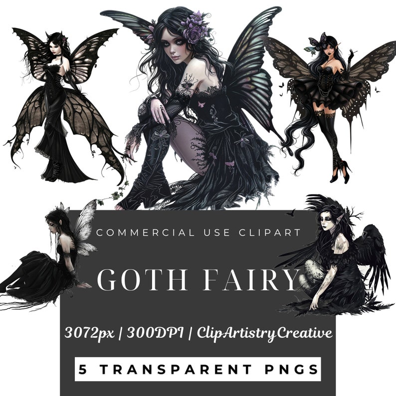 Goth Fairy Clipart Bundle PNG Transparent Background Digital Download ...