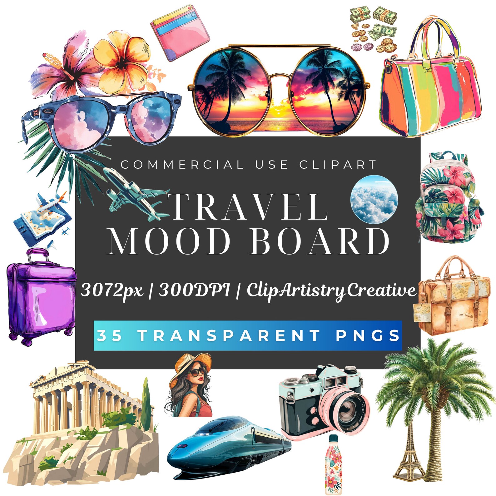 Travel Mood Board Clipart Bundle PNG Transparent Background Digital ...
