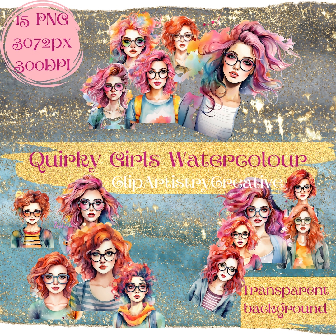 Quirky Girls Watercolor Clipart Bundle 15 PNG Transparent Background ...