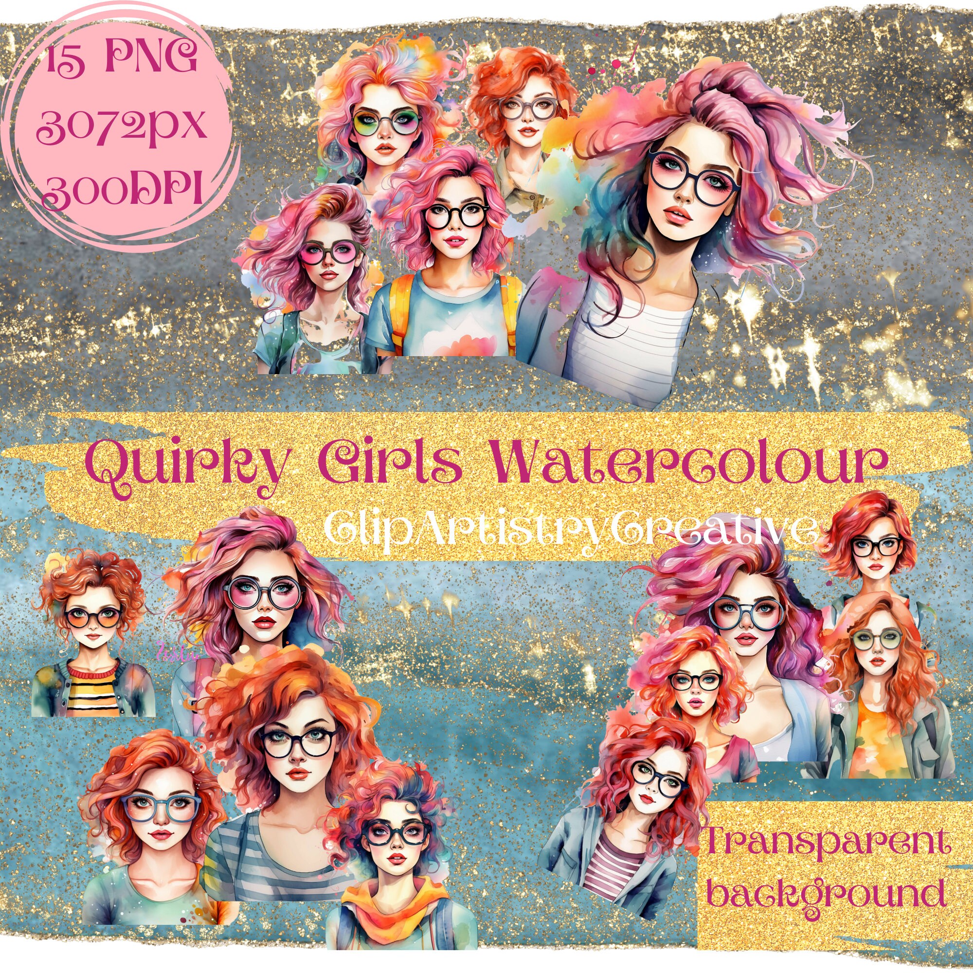 Quirky Girls Watercolor Clipart Bundle 15 PNG Transparent Background ...