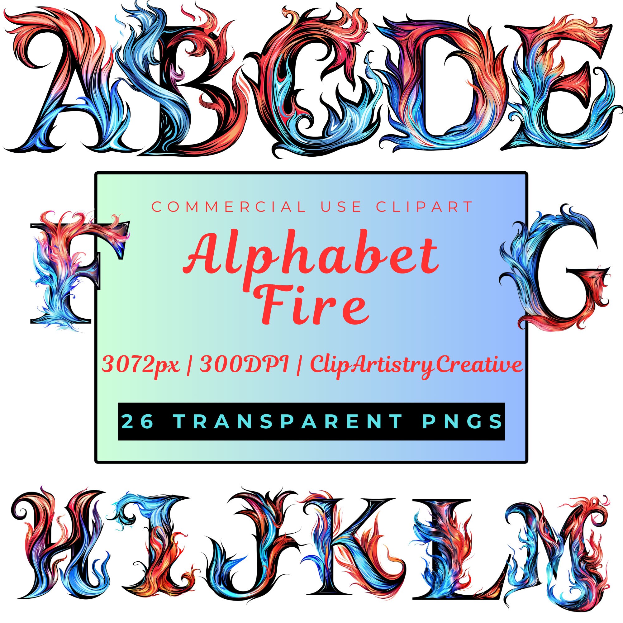 Fire Alphabet Clipart Bundle PNG Transparent Background Digital ...