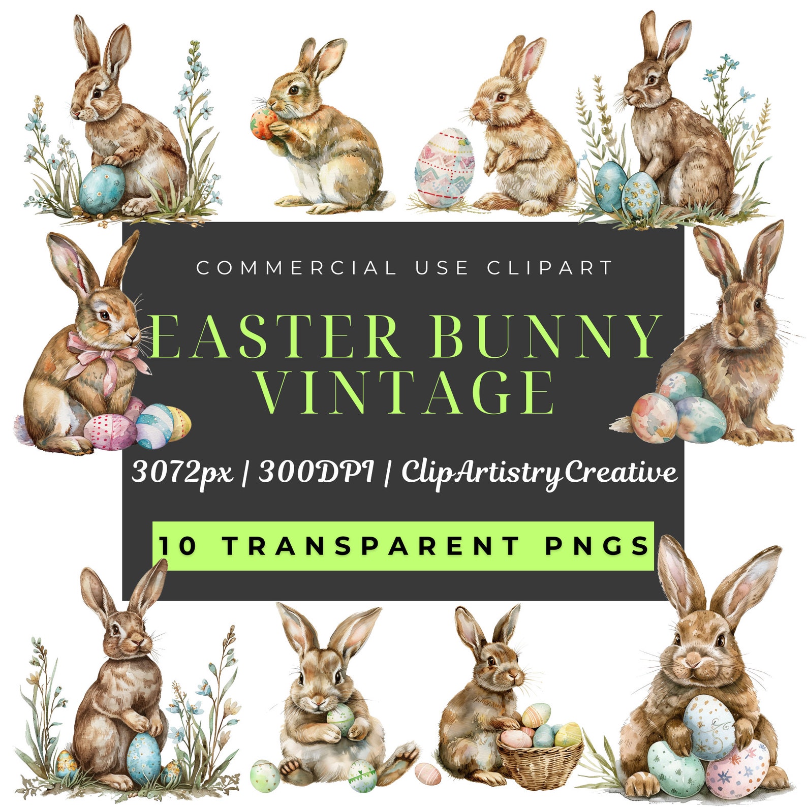 Vintage Easter Bunny Clipart Bundle PNG Transparent Background Digital ...