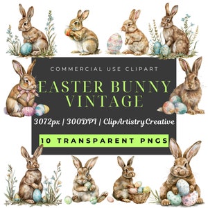 Vintage Easter Bunny Clipart Bundle PNG Transparent Background Digital ...