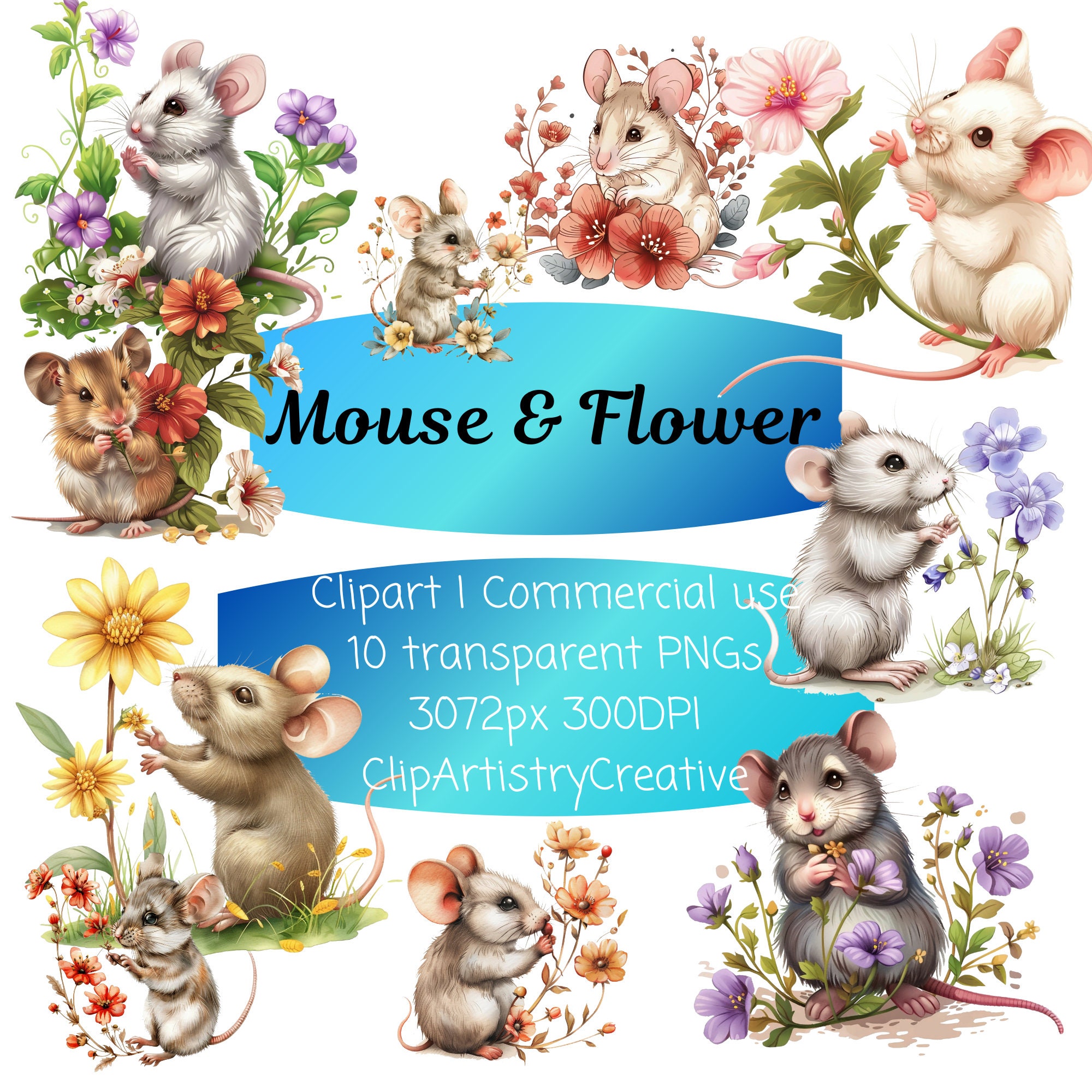 Mouse and Flower Clipart Bundle PNG Transparent Background Instant ...