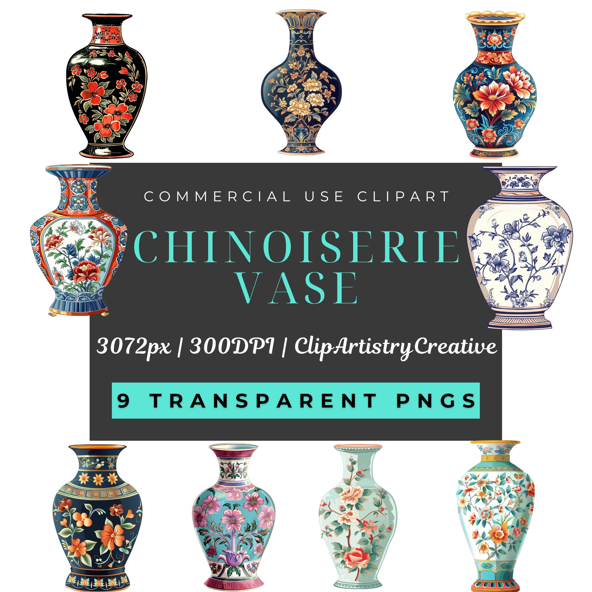 Chinoiserie Vase Clipart Bundle PNG Images Transparent Background ...