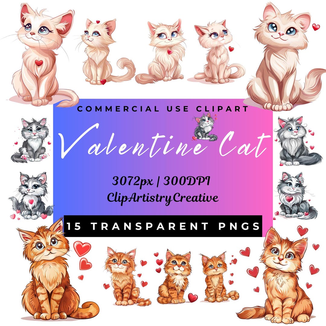 Valentines Day Cat Clipart Bundle PNG Transparent Background Digital ...