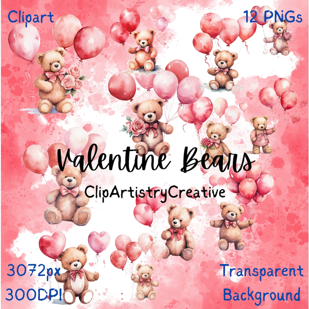 Valentines Bear Clipart Bundle 12 PNG Transparent Background, Bear With ...