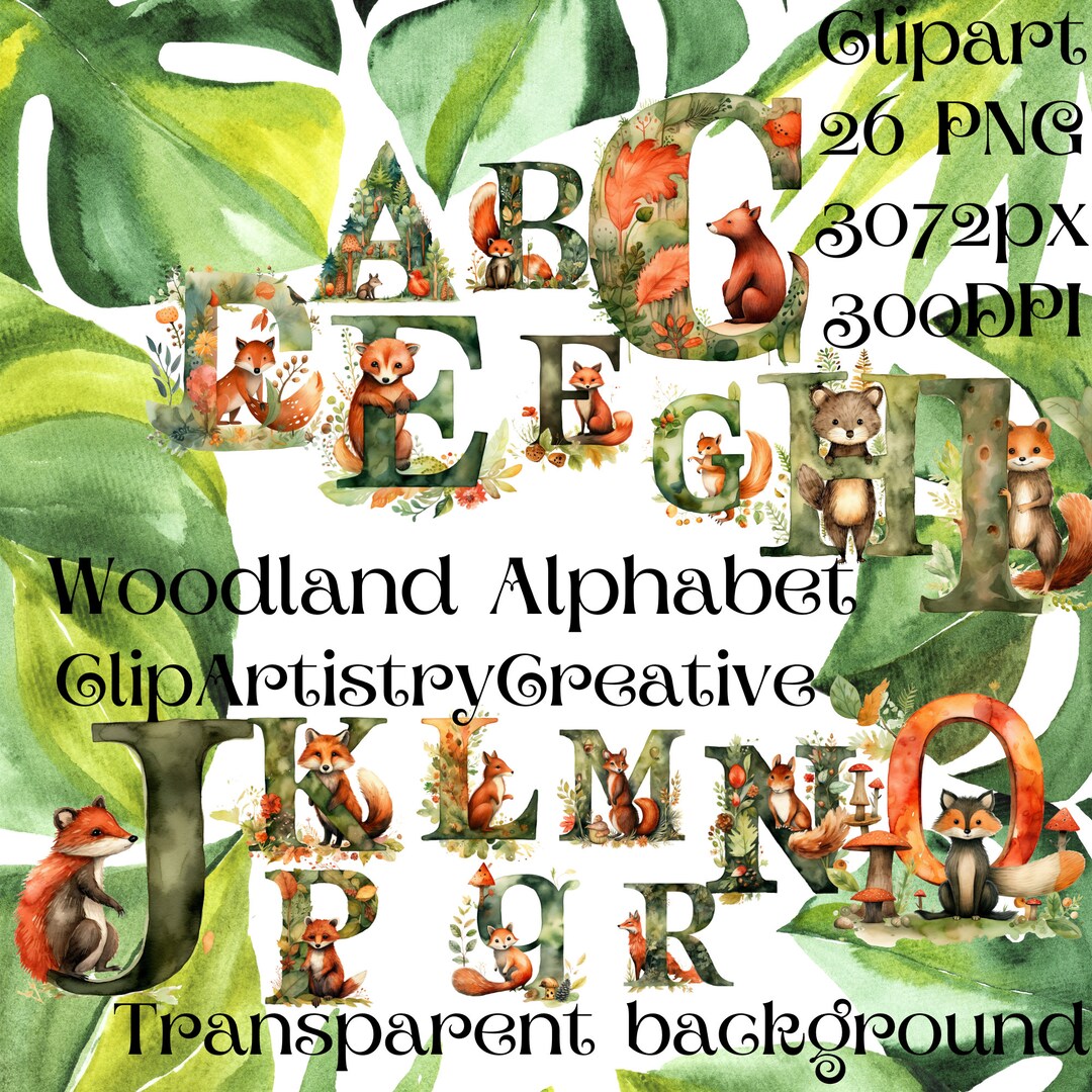 Woodland Animal Alphabet 26 PNG Transparent Background Clipart Bundle ...