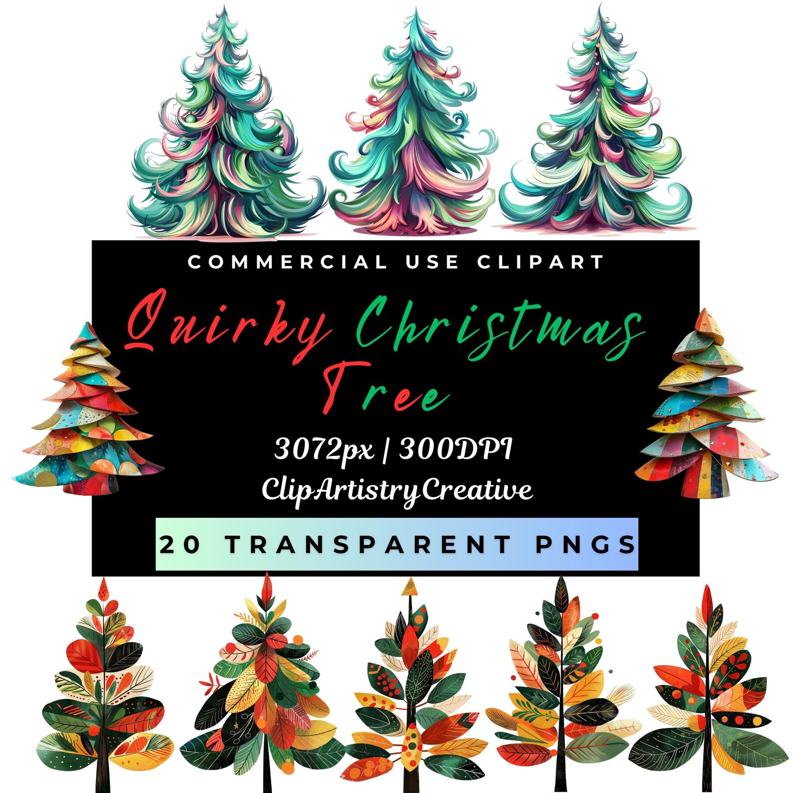 Quirky Christmas Tree Clipart PNG Transparent Background Instant ...