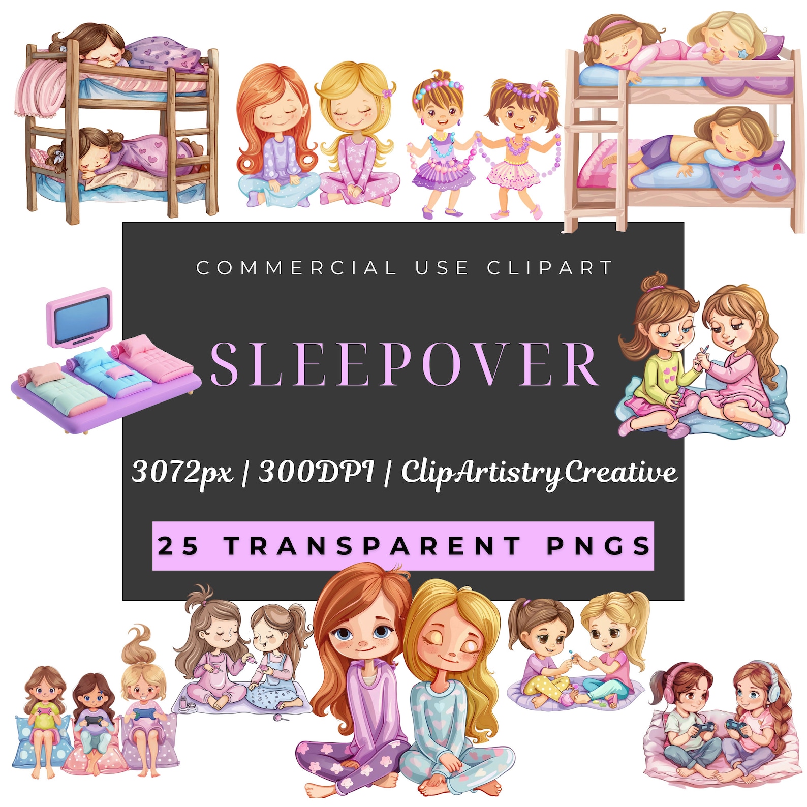 Sleepover Clipart Bundle PNG Transparent Background Instant Digital Download, Girly Sleep Over ...