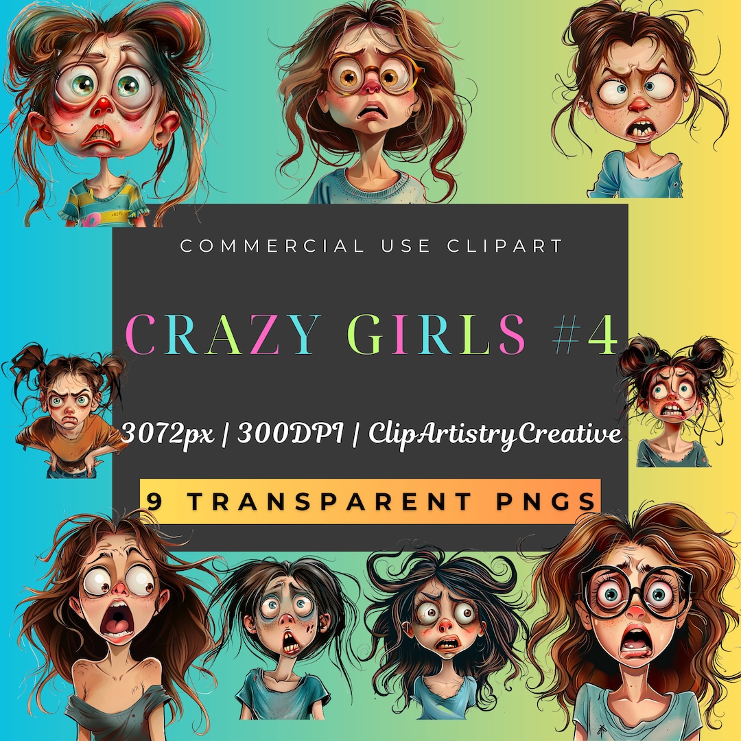 Crazy Girls Quirky Girls Clipart Bundle PNG Images Transparent ...