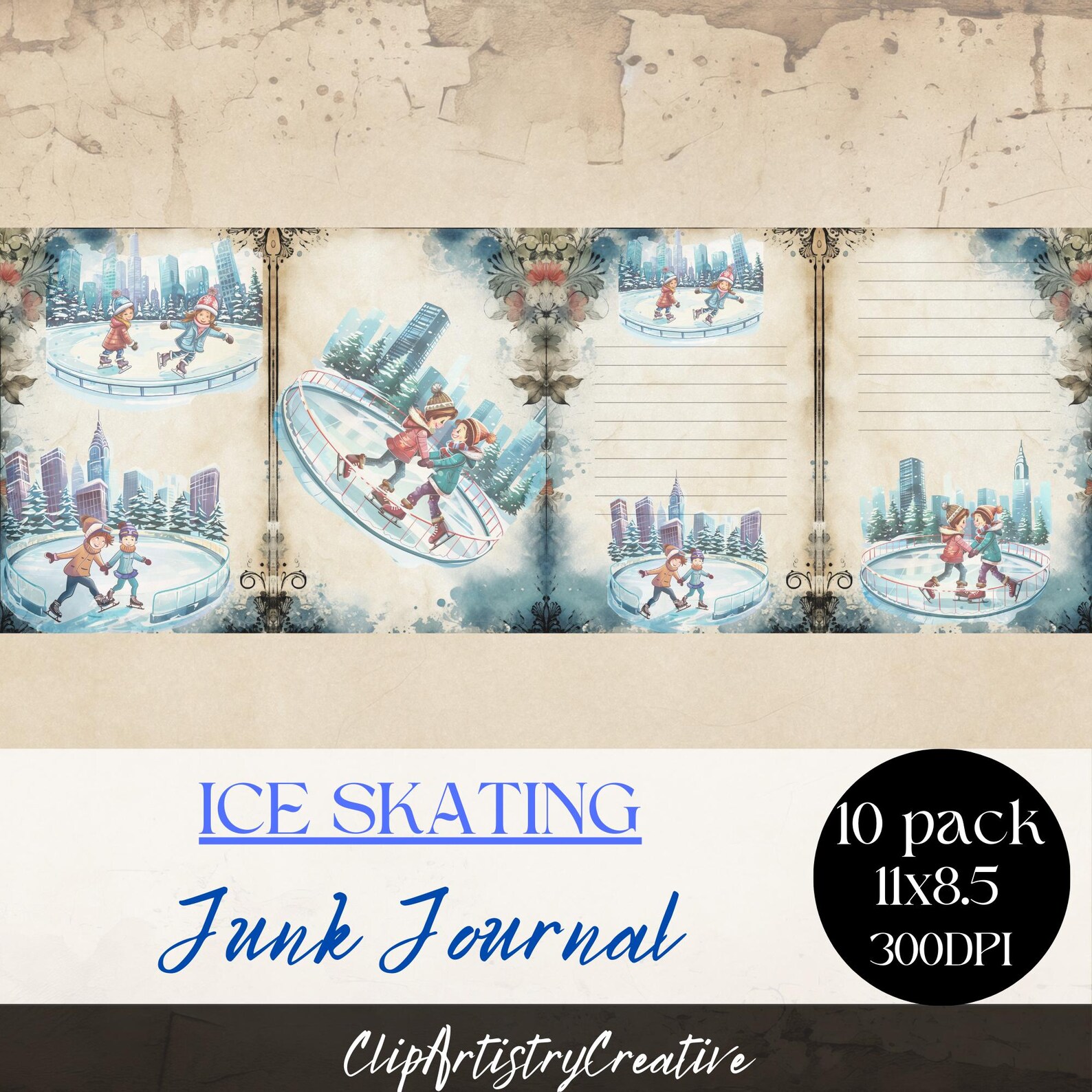 Ice Skating Junk Journal Digital Printable Paper, Winter Fun Christmas ...