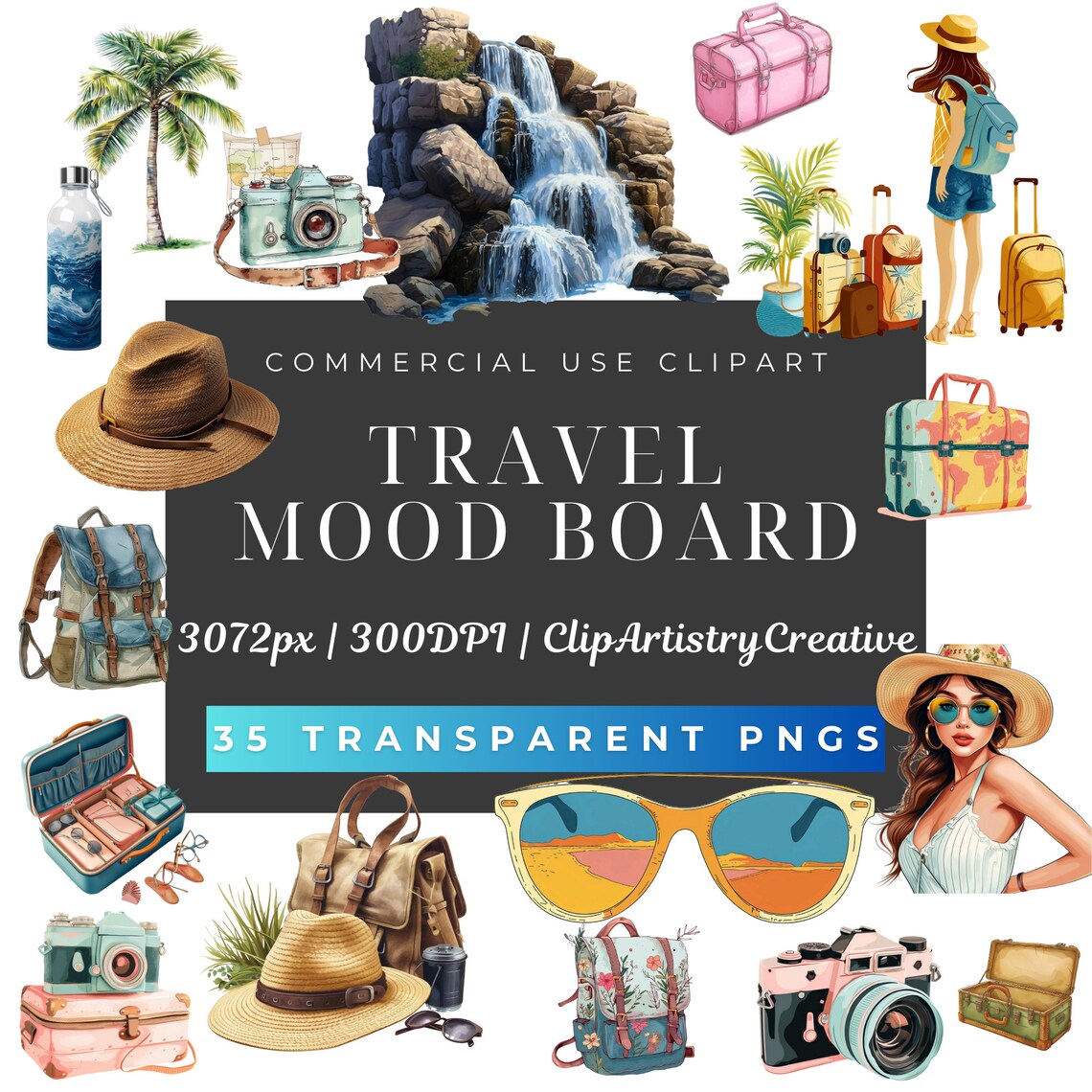 Travel Mood Board Clipart Bundle PNG Transparent Background Digital ...