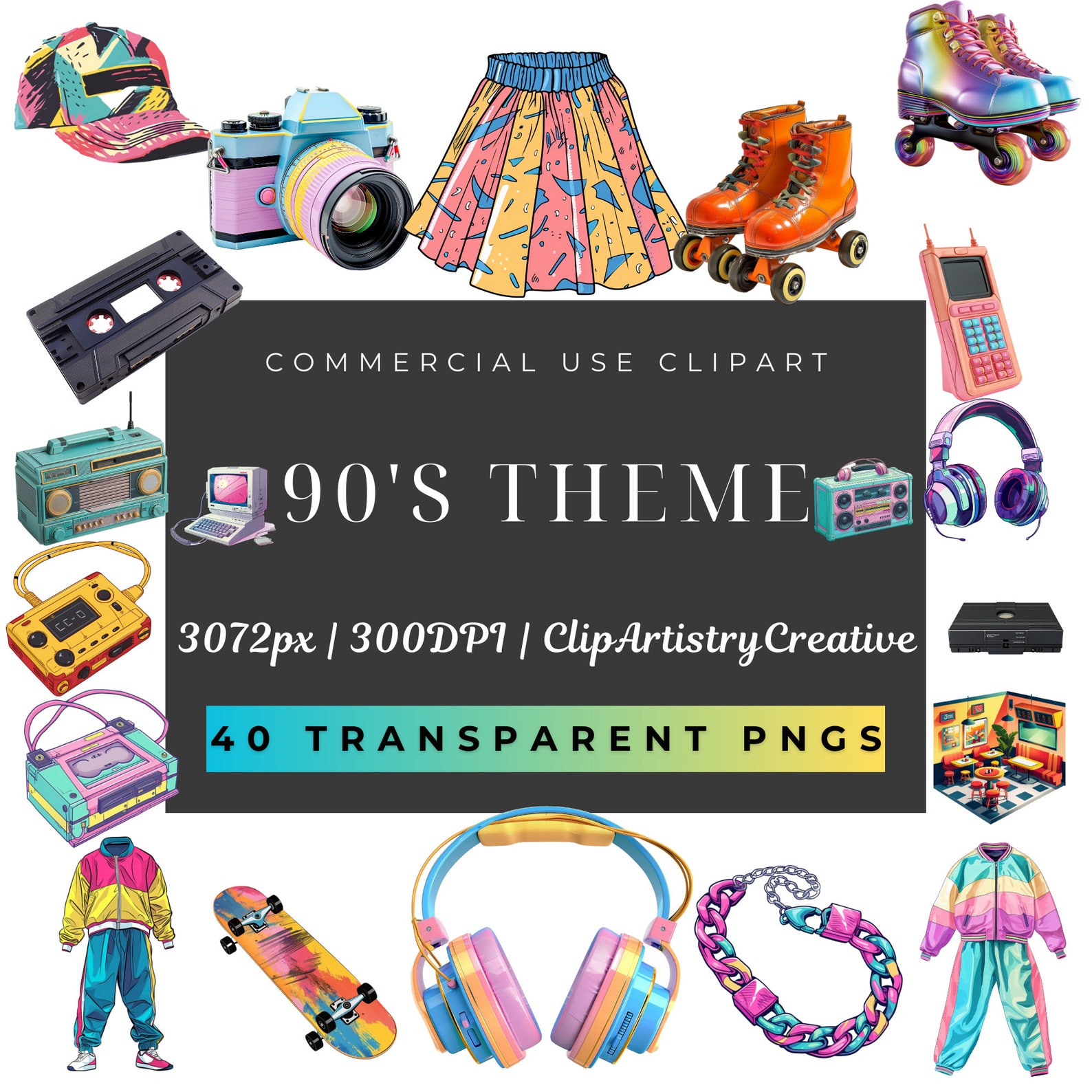 90s Style Theme Clipart Bundle PNG Transparent Background Digital ...