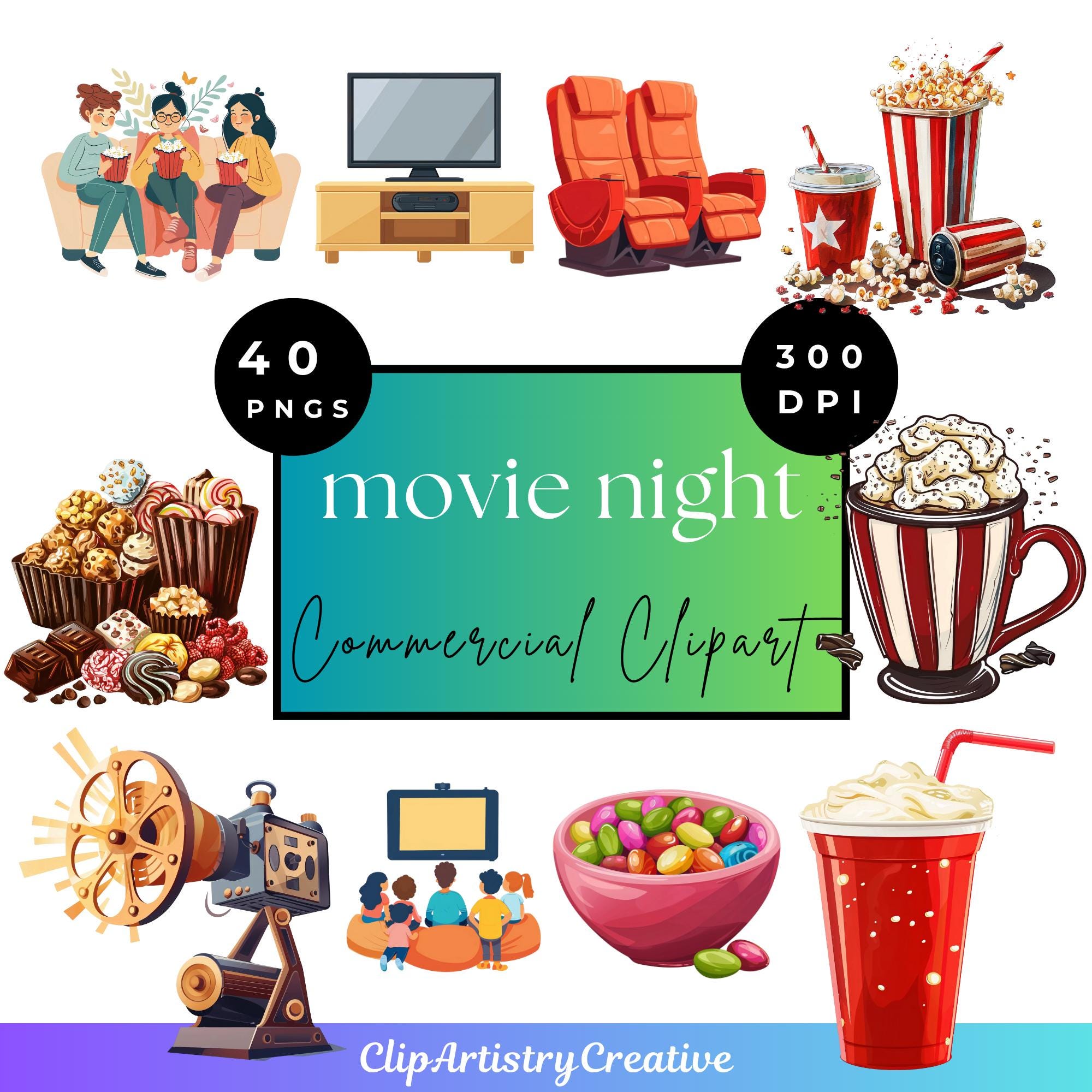 Movie Night Clipart PNG Transparent Background Digital Download | Movie ...