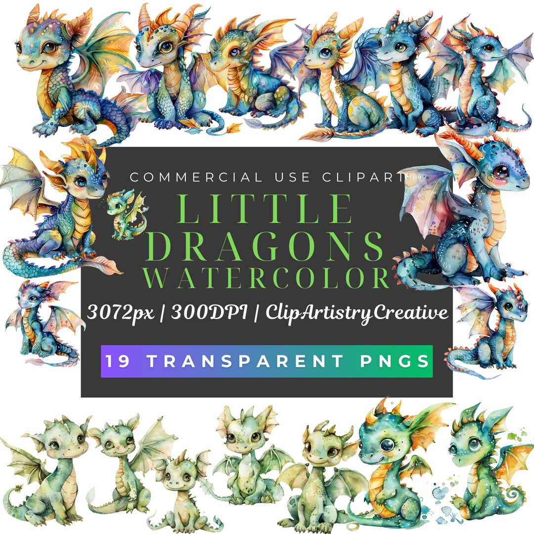 Little Dragons Watercolor Cute Clipart Bundle PNG Transparent ...