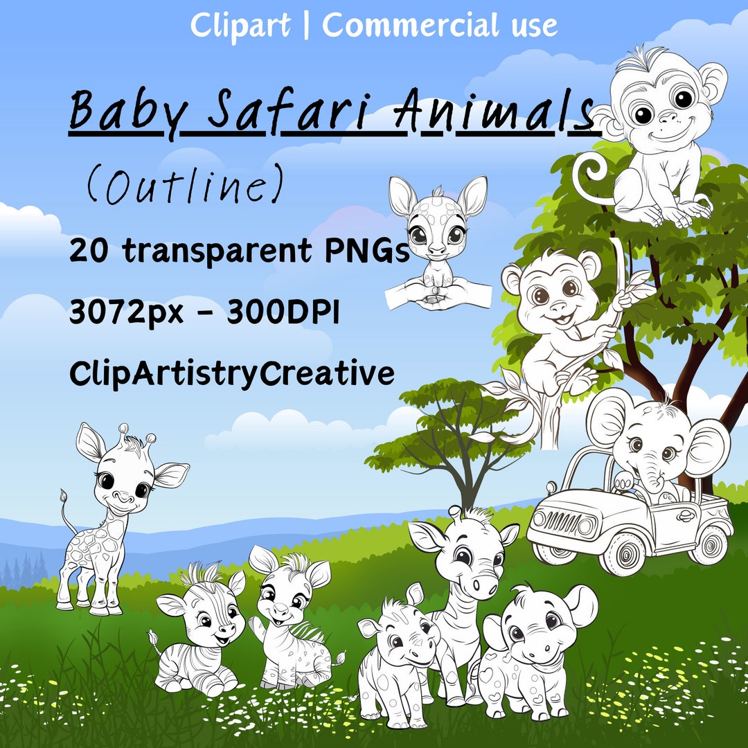 Baby Safari Animals Outline Line Art Clipart 20 PNG Transparent ...