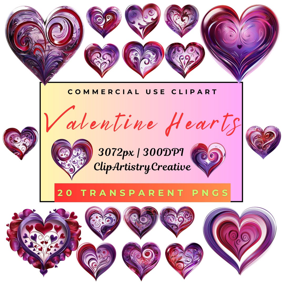 Valentines Day Heart Clipart Bundle PNG Transparent Background Digital ...