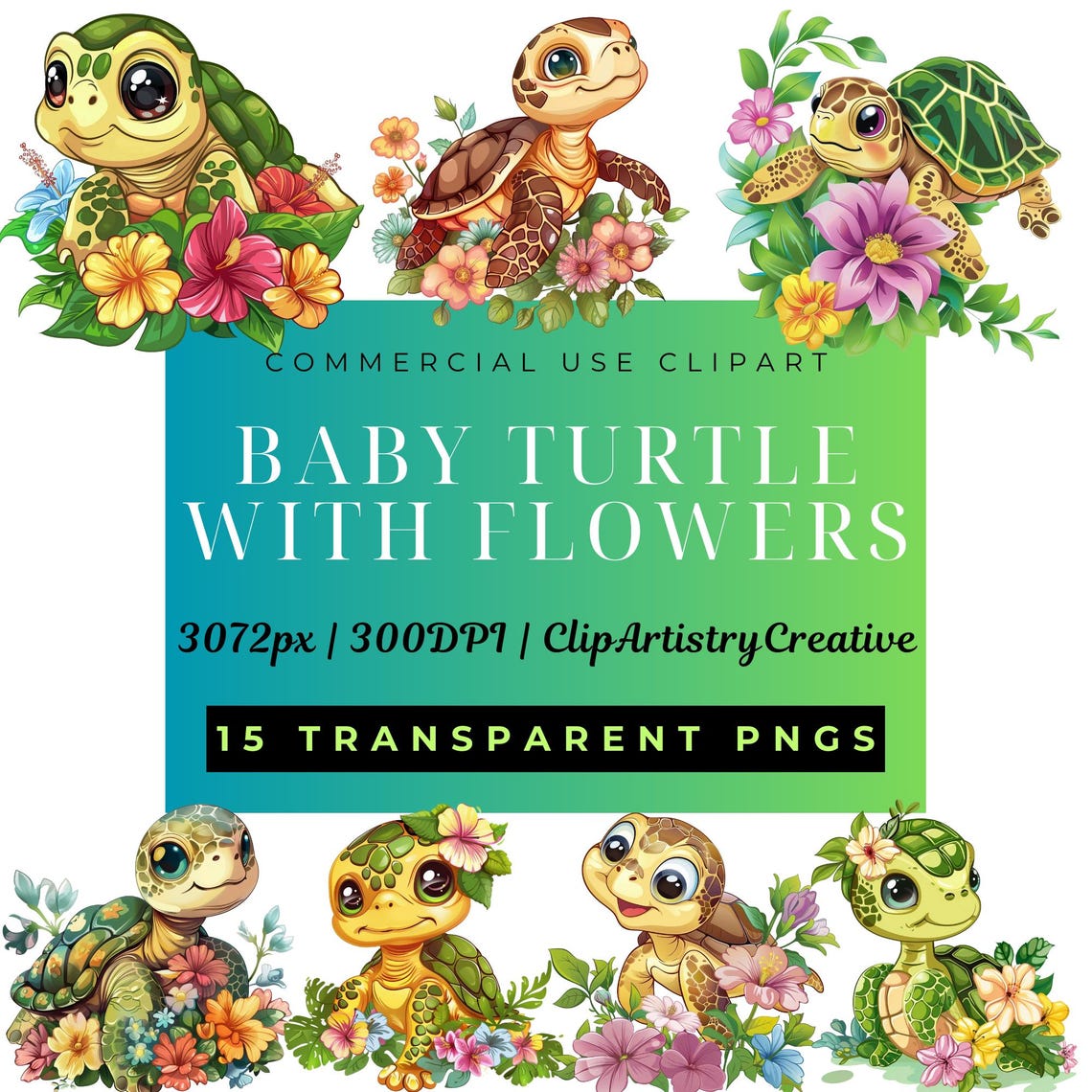 Baby Turtle With Flowers Clipart Bundle PNG Transparent Background ...