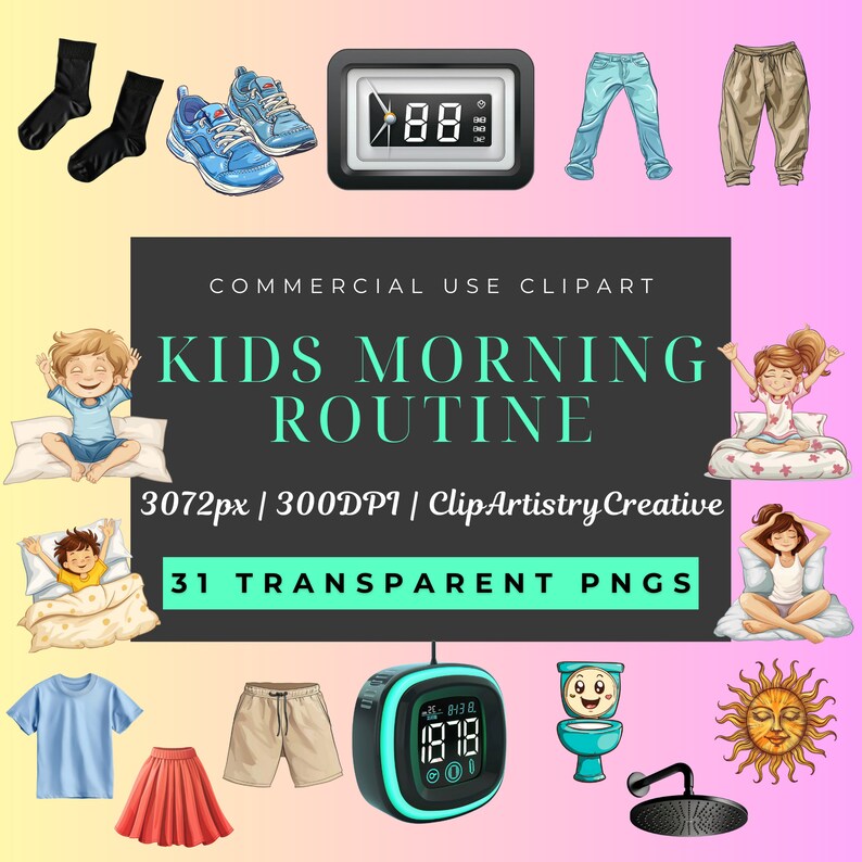 Kids Morning Routine Clipart Bundle PNG Transparent Background Instant ...