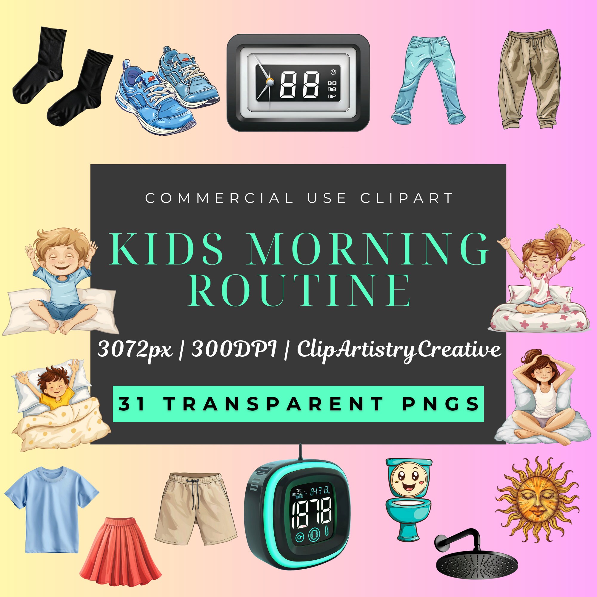 Kids Morning Routine Clipart Bundle PNG Transparent Background Instant ...