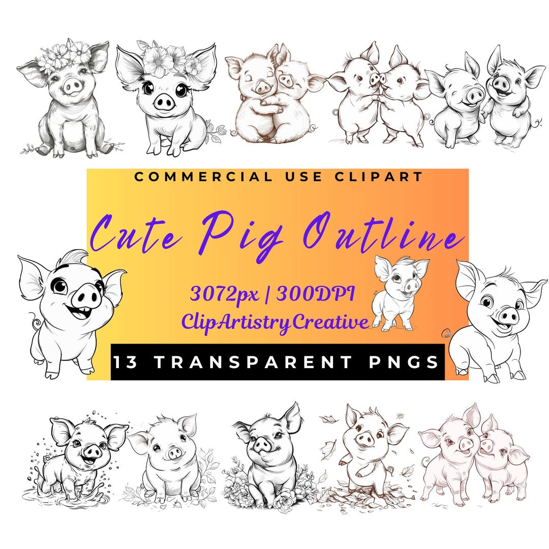 Cute Pig Outline Line Art Clipart PNG Transparent Background Digital ...
