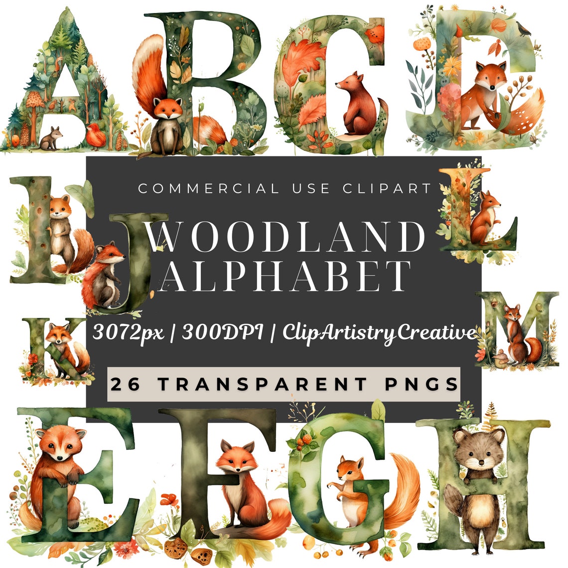 Woodland Animal Alphabet Clipart Bundle 26 PNG Transparent Background ...