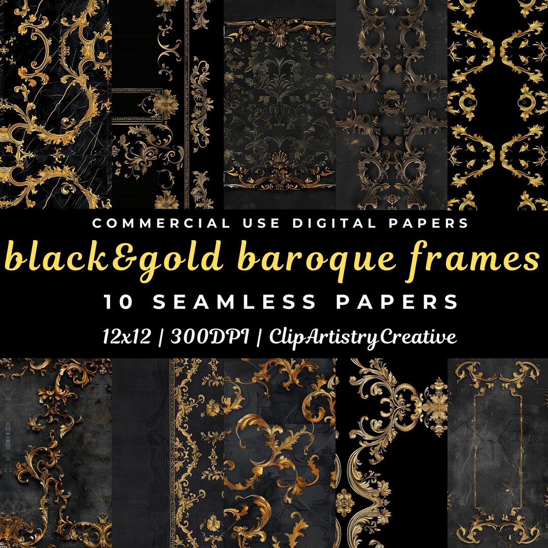 Black and Gold Baroque Frames Digital Seamless Paper, Notebook Grunge ...